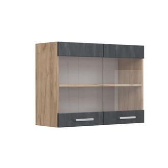 Vicco Meuble de Cuisine Haut vitr&eacute; R-Line, B&eacute;ton Noir/Ch&ecirc;ne de Force dor&eacute;, 80 cm