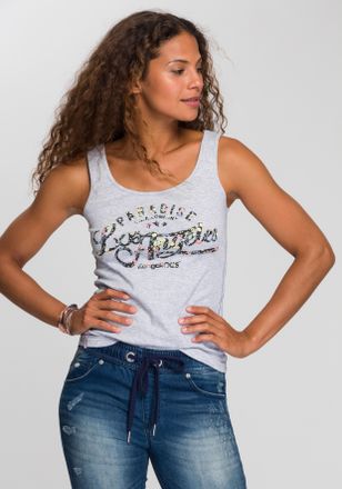Kangaroos Tanktop KANGAROOS, Damen, Gr. 32/34, grau (hellgrau, meliert), Rippware, Obermaterial: 95% Baumwolle, 5% Viskose, bedruckt, kontrastfarbene Details, m