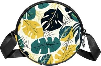 Generic Sac &agrave; bandouli&egrave;re rond pour femme, motif feuilles tropicales, sac &agrave; dos &agrave; bandouli&egrave;re avec fermeture &eacute;clair, bretelles r&eacute;glables, sac &agrave; main rond d&eacute;co