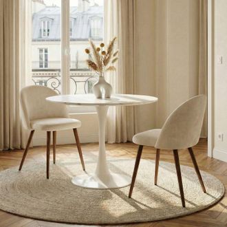 IDIMEX Essgruppe LOIRE/NAVIA mit runder Keramikplatte, Wei&szlig;/Beige - Esstisch mit 2 St&uuml;hlen, Tisch mit pflegeleichter Steinplatte, Polsterst&uuml;hle Samtstoff, Es