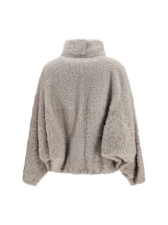 Brunello Cucinelli High-Neck Shearling Faux Fur Jacket - Gray