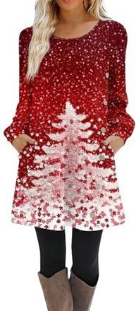 Generic Robe Noel Femme Chic et Elegante Robe Pull Casual Imprim&eacute; No&euml;l Col Rond Manches Longues Robe de No&euml;l Femme Swing Pliss&eacute; A-Line avec Poches,f1016y,Blan