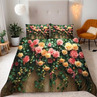 Generic Rosenbl&uuml;ten Bettw&auml;sche 140x200 3D Drucken Antike Holzplanken Bettw&auml;sche-Sets Weiche Kuschelig Mikrofaser Bettbezug mit 2 Kissenbez&uuml;ge 80x80 cm mit Rei