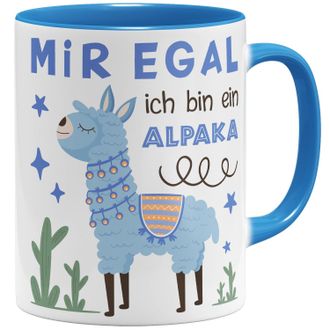 OM3 Mir egal ich bin ein Alpaka Kaffee-Tasse mit Spruch - Spruchtasse Lama-Motiv - Statement - Keramik Becher - 325ml - Beidseitig Bedruckt - Hellblau
