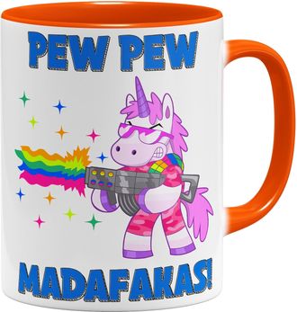 OM3 lustige Einhorn Pew Pew Madafakas Kaffee-Tasse mit Spruch - Regenbogen Unicorn - Keramik Becher - 325ml - Beidseitig Bedruckt - Orange