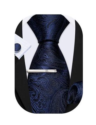 Barry.Wang Bleu Noir Cravate Soie Paisley Mouchoir Bouton de manchette Formel pour Mariage F&ecirc;te