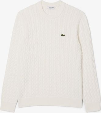 Lacoste Rundhalspullover in Zopfstrickmuster mit kleinem Krokodil-Aufn&auml;her in