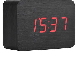 Zerone Wecker, digitale Uhr für Schlafzimmer, LED, moderne Holzuhr, 3 Helligkeitsstufen, Temperaturanzeige mit Soundsteuerung (schwarz), TV-Video, Heim-Audio