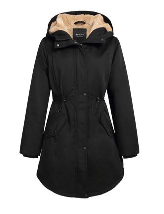 Orolay Damen Kapuzen Fleece Gefüttert Parka-Mantel Mittlere Länge Winter Draussen Gepolstert Jacke Schwarz XXL