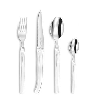 Lou Laguiole RISING SUN Besteck Set 6 Personen | 24-teilig | Weiß glänzend | Essbesteck 6 Personen spülmaschinenfest | 18/0 Edelstahl mit Mikroverzahnung | 6x Mess