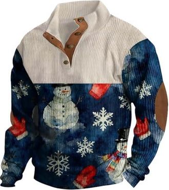 Generic Pull de Noël pour homme - Imprimé bonhomme de neige amusant - Pull en velours côtelé à manches longues - Col à revers boutonné - Polo pour homme - Pul