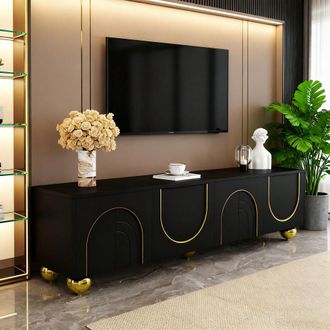 Generic Lowboard mit goldenen Verzierungen und Push-to-Open-System, TV-Schrank mit strukturierten Türen, runden Goldbeinen und Einlegeböden