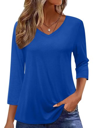 Onsoyours Shirt 3/4 Arm Damen Tshirt V-Ausschnitt Pullover Sommer Herbst Oberteile Casual Longshirt Basic Shirt A Blau XXL
