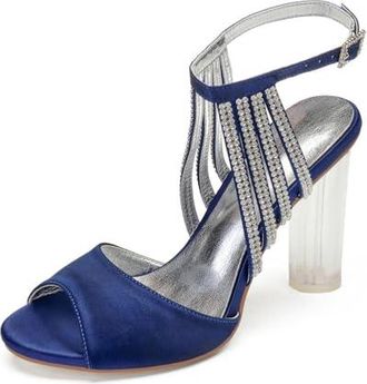 Generic Chaussures De Mariage Sandales &Agrave; Talons &Eacute;pais en Satin &Agrave; Bout Ouvert Femme Mari&eacute;e Bureau Travail Soir Hauts Sandale10.5Cm,Dark Blue,41 EU