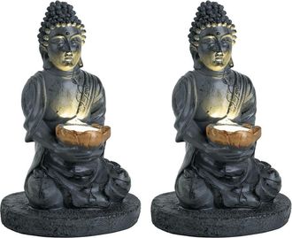 Globo Lighting Solarleuchte Buddha Solarlampe Gartenfigur Feng Shui Solar Buddha Steinoptik, LED Leuchtmittel, DxH 18x28 cm, 2er Set