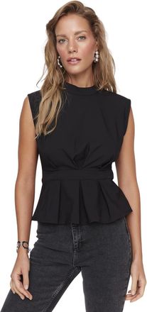 Trendyol Trendyol Damen Woman Basic Slim A-line Crew Neck Woven Blouse Hemd, Black, 36