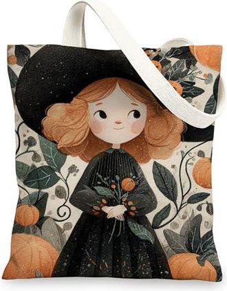 Generic Sac fourre-tout en toile motif citrouille, style vintage, réutilisable, léger et lavable, Noir/blanc, 13x15 Inch