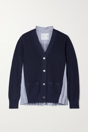 sacai Cardigan Aus Baumwolle Und Gestreifter Popeline Mit Plissee - Blau