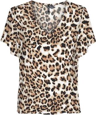 Vero Moda Vmeasy Joy Col V SS Blouse WVN GA Top, Tan/AOP : léopard, S Femme