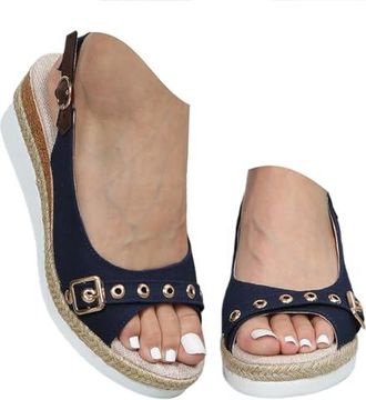 Generic Sandales compens&eacute;es &agrave; bout ouvert et bride arri&egrave;re pour femme avec noeud lat&eacute;ral, style d&eacute;contract&eacute;, talon mi-bas, toile avec noeud papillon, Bleu TB,