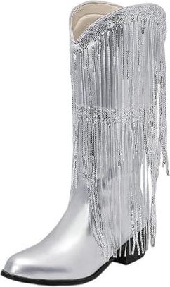 Generic Bottes hautes au genou pour femme avec franges de mollet larges et longues bottines &eacute;l&eacute;gantes &agrave; bout pointu de couleur unie &agrave; talon &eacute;pais &eacute;l&eacute;gantes et