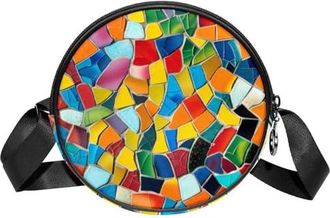 Generic Sac &agrave; bandouli&egrave;re rond pour femme, petit sac &agrave; bandouli&egrave;re color&eacute; &agrave; carreaux avec fermeture &eacute;clair, bretelles r&eacute;glables, sac &agrave; main rond d&eacute;contract&eacute; p