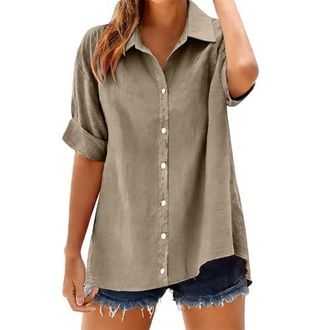 Generic Chemise en lin pour femme grande taille - Chemisiers &agrave; manches longues pour le travail en coton avec boutons &agrave; col popover, chemisier &agrave; &eacute;paules tomban