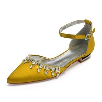 Generic Satin Chaussures De Mariage Mari&eacute;e Bout Pointu &Eacute;t&eacute; Plates Mariage Soir&eacute;e Chaussures Femmes 2Cm,Jaune,40 EU