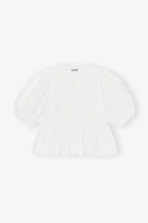 Ganni Blouse p&eacute;plum en popeline de coton avec lien &agrave; nouer Blanc biologique - Taille 52 - Pour Femme