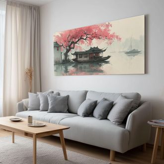Generic Gro&szlig;es Leinwandbilder Wandbilder Chinesisch Boot Roter Kirschbaumbild auf leinwand Wandkunst Modern Aesthetic XXL Kunstdruck Deko f&uuml;r Wohnzimmer Schla