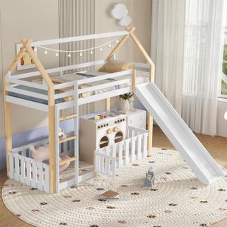 Generic Hochbett 90x200cm,Etagenbett, Kinderbett, Exquisite Dachform, Mit Lustige Rutsche, Freier Raum mit Zaun, Stabile Lattenroste und Leiter, Kiefer + MDF 