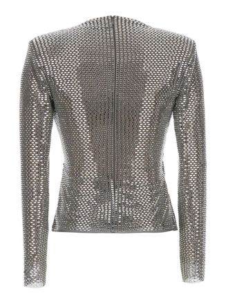 Self Portrait Rhinestone-Embellished Mesh Blouse - Gray