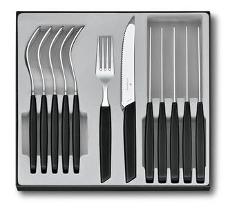 Victorinox by Swiss Army Modern Ensemble de couverts pour 6 personnes, 12 pièces, y compris couteaux tranchants à lame crantée, manches en plastique, noir
