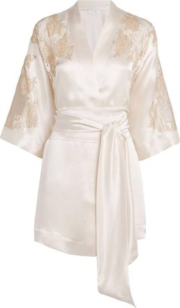 Carine Gilson Silk Lace-Trim Short Kimono Robe Size S