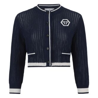 Philipp Plein Femme, Pulls, Bleu, Taille: 40 FR Gilet Tricot&eacute; Hexagon Hexagon