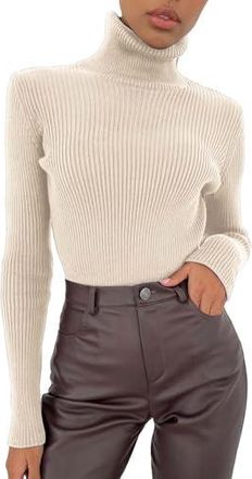 Generic Pull Femme Doux Slim Fit L&eacute;ger Manches Longues Col Roul&eacute; Maillot de Corps Sexy Tricot&eacute; Chaud Mode Pull Serr&eacute; Manches Longues Femme, beige, taille uniq