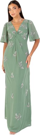 Maya Damen Womens Maxi Ladies V-Neck Angel Sleeve Floral Bead Embellished Knot Front A-line Bridesmaid Wedding Guest Prom Dress, Deep Mint, 48 EU