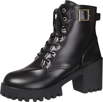 Generic Bottines &agrave; Lacets pour Femme Talon Bloc R&eacute;tro Cuir Bottes Courtes Bout Rond Talon Haut Chic et Elegant Semelle Plateforme Antid&eacute;rapante Femme Chaussur