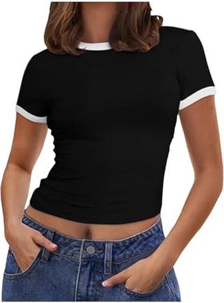 Generic Haut court amincissant tendance pour femme - Bloc de couleurs - T-shirt court ample d&eacute;contract&eacute; &agrave; col rond - Coupe ample - Haut court tendance 2025 - 