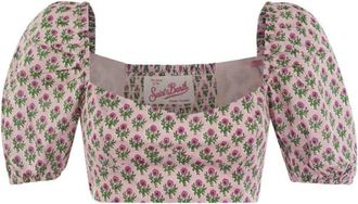 MC2 Saint Barth Femme, Blouses et Chemises, Rose, Taille: 40 FR Floral Print Puff Sleeve Crop Top