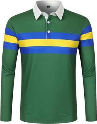 Generic Polo Homme Automne Manches Longues Imprim&eacute; Color Blocking Revers Hommes Casual Po Lo Shirt, vert, 3XL