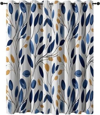Generic 100% Rideau Occultant Bleu Rideaux Occultant Thermiques à Oeillets, Rideau Opaque imprimés Minimalisme Plantes Feuilles DOlivier Decoration pour Chamb