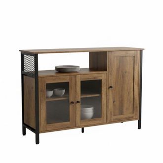 Relaxdays Armoire de cuisine Relaxdays avec portes vitr&eacute;es, H x L x P : 75 x 110 x 33 cm, buffet cuisine, en bois, brun/noir