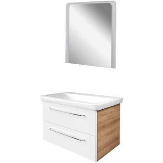 Fackelmann milano Badm&ouml;bel Set 3-teilig, 80 cm, Braun hell/Wei&szlig;, Keramik, LED-Spiegel-90293145