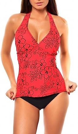 Octopus Tankini dos nu pour femme avec slip - Maillot de bain 2 pièces f5536, Rouge Noir Fleur Slip Noir A (1134), 46