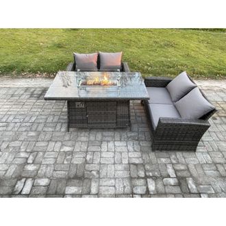Fimous Fimous 3 St&uuml;cke Gartenm&ouml;bel Set Polyrattan Sitzgruppe Gas Feuerstelle Esstisch Sofa Set f&uuml;r Garten Dunkelgrau Gemischt