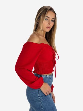 Elara Blusentop - Damen Off-Shoulder Bluse mit Smoktaille, Bindeband & Ballon&auml;rmeln