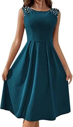 Generic Robe amincissante sans manches pour femme - Couleur unie - Col rond - Perles, bleu, L