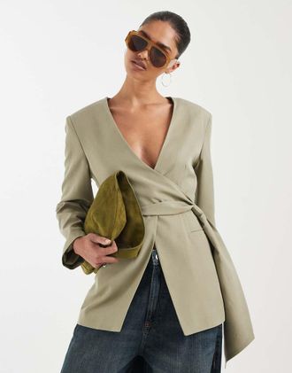Asos Blazer en lin m&eacute;lang&eacute; &agrave; pois avec encolure ronde - Cr&egrave;me-Vert