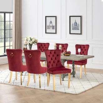 Generic Samtgepolstertes, Getuftetes Esszimmerstuhl-Set Mit Nagelkopfbesatz Und Beinen Aus Massivholz - Beige (für Esszimmer, Küche, Restaurant)(Gold-Wine Red